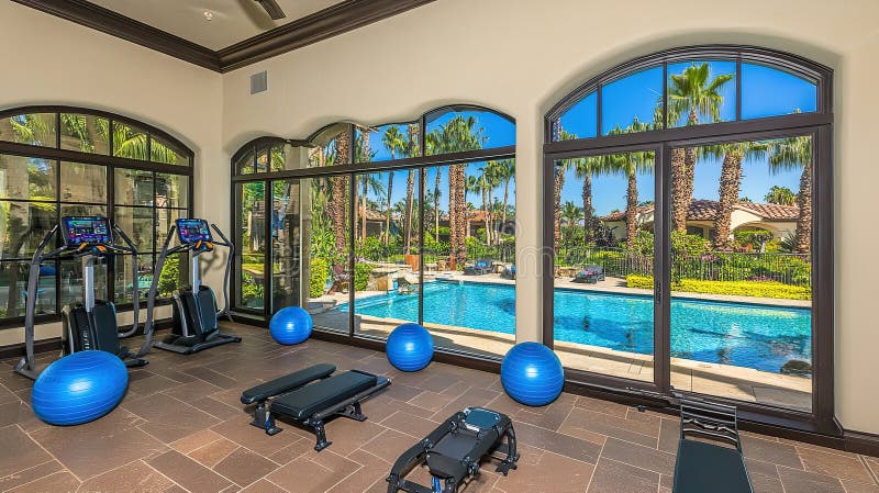 Luxury Home Gym with Pool View, Exercise Equipment Stock Photo - Image ...