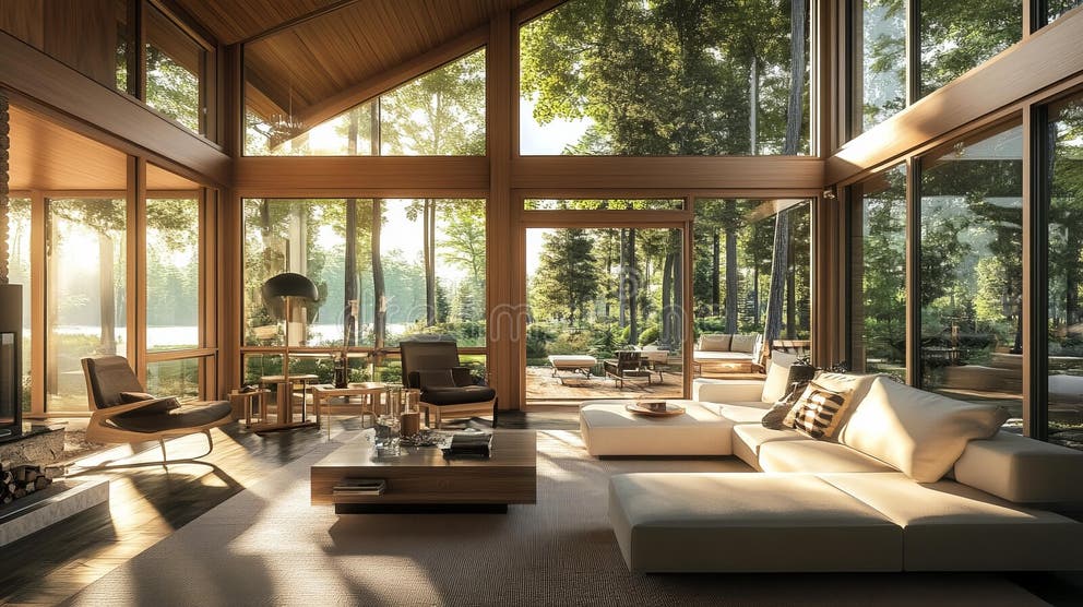 Luxury Home Interior with Forest View, Modern Design Stock Illustration ...