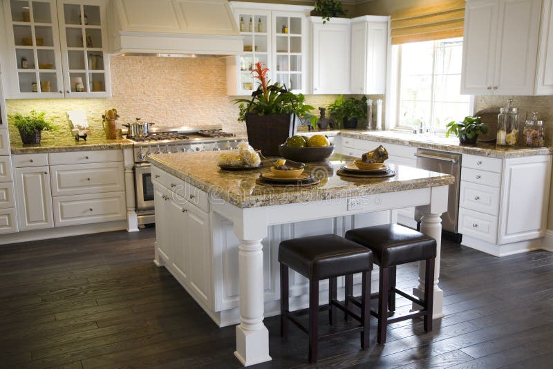 Luxury Model Home Kitchen Island Stock Image - Image of lifestyle ...