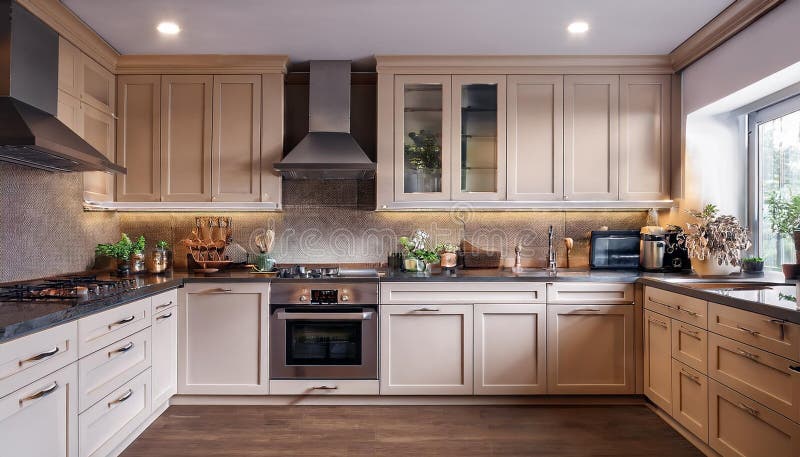 Luxury Home Kitchen Interior with Cooking Cabinet and Appliances Stock ...