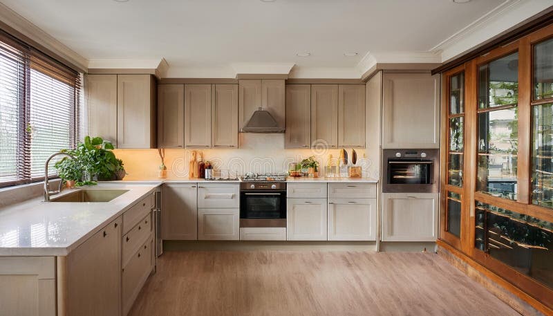 Luxury Home Kitchen Interior with Cooking Cabinet and Appliances Stock ...