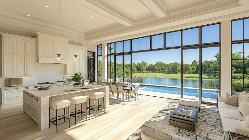 Luxury Home Kitchen, Pool View, Sunny Day, Architectural Rendering ...