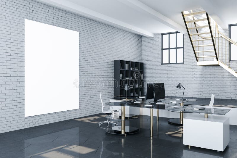Luxury Home Office with Computer on Table and Empty Banner on Wall ...