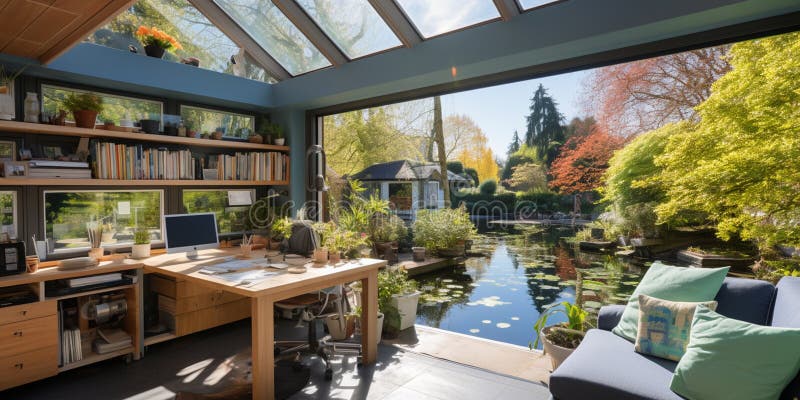 Luxury Home Office with Sun Reflection, Zoom Virtual Background Stock ...