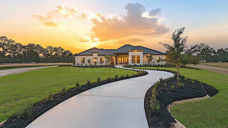 Luxury Home at Sunset: Serene Landscape and Elegant Design Stock Photo ...