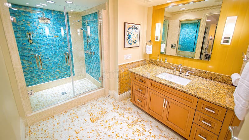 Luxury Hotel Bathroom, Shower, Granite Vanity, Ocean View Stock Image ...