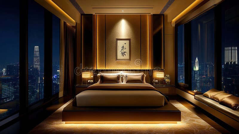 Luxury Hotel Bedroom Night City View Stock Illustration - Illustration ...