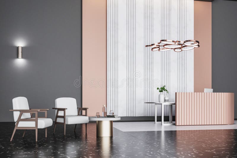 Luxury Hotel Corridor with Reception Table and Waiting Area Stock ...