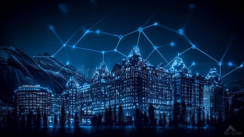Luxury Hotel and Digital Network Connection, Technology Concept, Banff ...