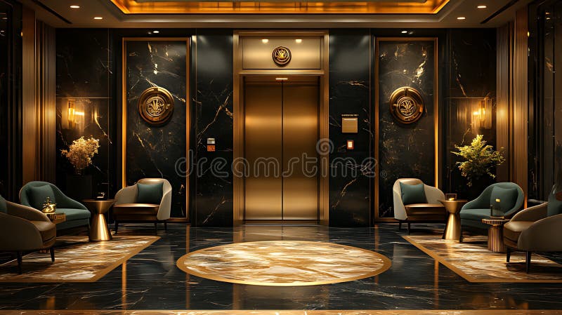 Luxury Hotel Elevator Lobby Night, Opulent Decor, Waiting Area Stock ...