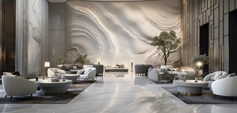 A Luxury Hotel Lobby with an Elegant 3D Marble Wall Pattern in White ...