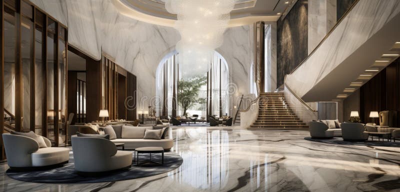 A Luxury Hotel Lobby with an Elegant 3D Marble Wall Pattern in White ...