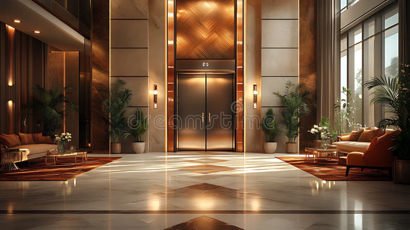 Luxury Hotel Lobby Elevator Entrance, Sunlight, Modern Design, Interior ...