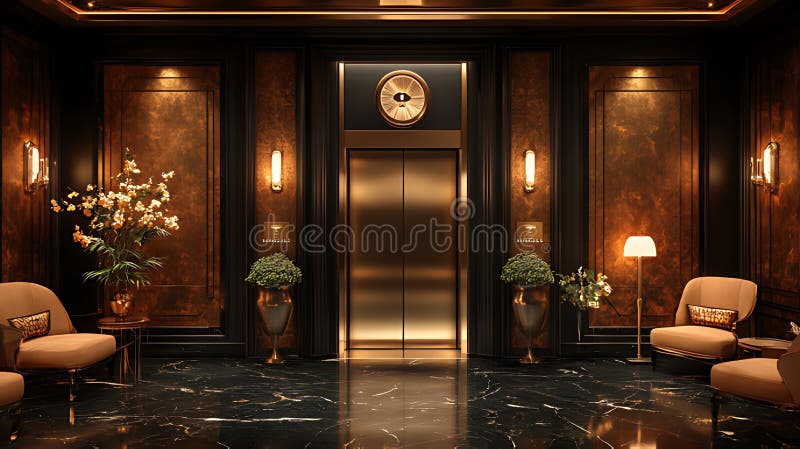 Luxury Hotel Lobby Elevator, Marble Floor, Night Lighting, Waiting Area ...