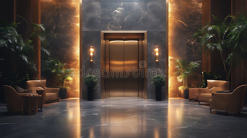 Luxury Hotel Lobby Elevator, Marble, Plants, Warm Lighting, Waiting ...