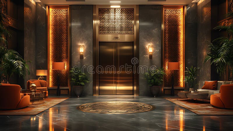 Luxury Hotel Lobby Elevator Night Interior Design (3 Stock Illustration ...