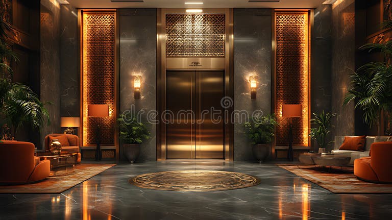 Luxury Hotel Lobby Elevator Night Interior Design (3 Stock Illustration ...