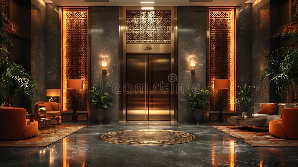 Luxury Hotel Lobby Elevator Night Interior Design (3 Stock Illustration ...