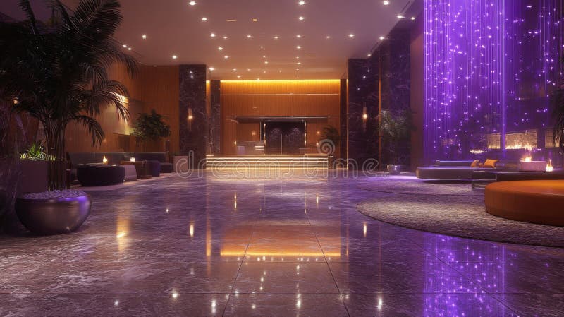 Luxury Hotel Lobby Interior with Purple Water Feature Stock ...