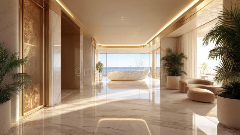 Luxury Hotel Lobby with Ocean View and Modern Design Stock Illustration ...