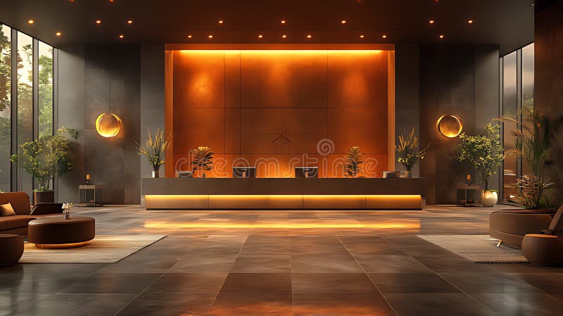 Luxury Hotel Lobby Reception, Amber Lighting, Modern Design, City View ...
