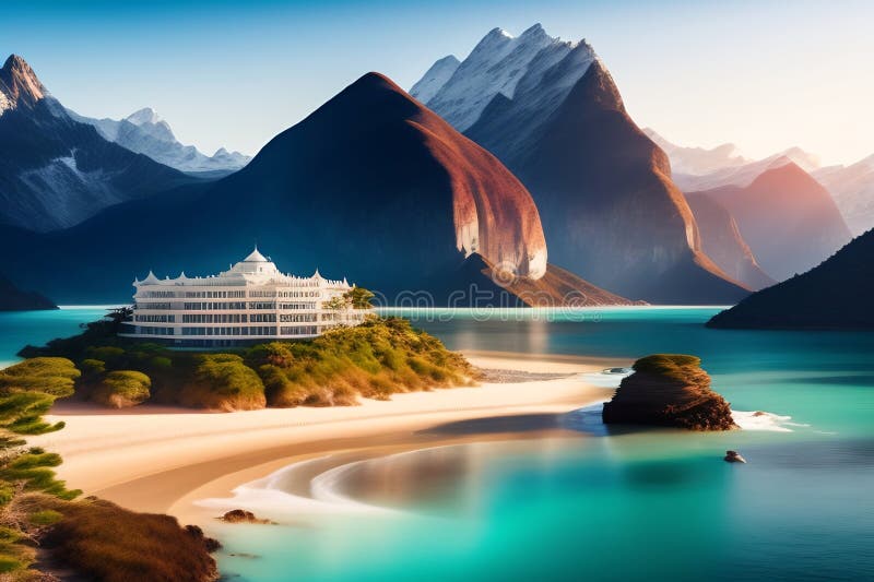 Luxury Hotel Mountain and Sea Stock Illustration - Illustration of view ...