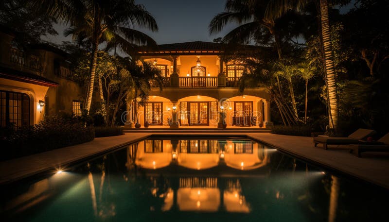 Luxury Hotel with Palm Trees, Poolside Bar, and Tranquil Twilight ...