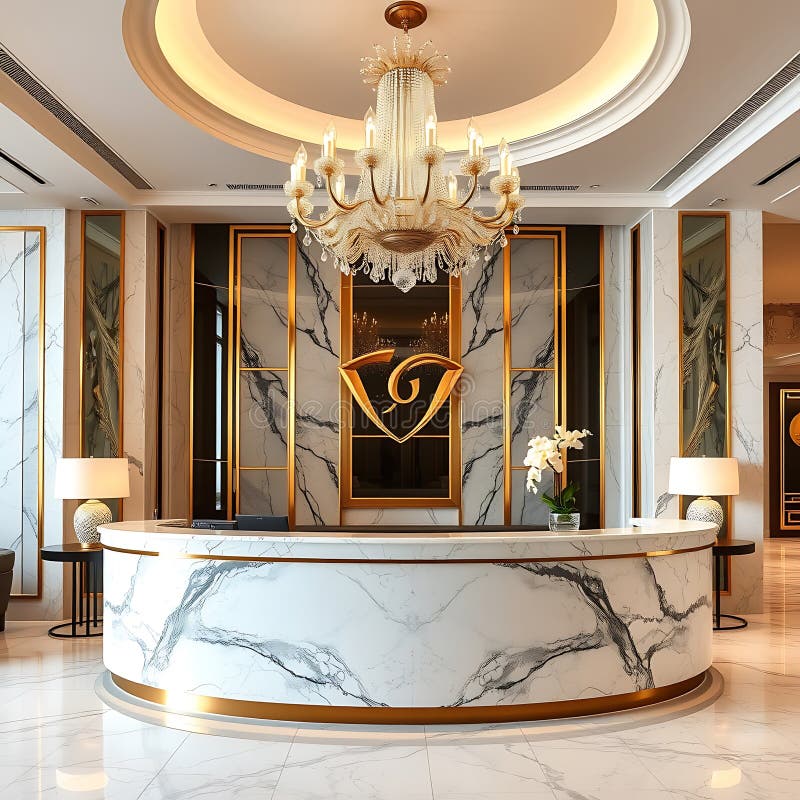 A Luxury Hotel Reception Desk with Marble Countertops Elegant ...