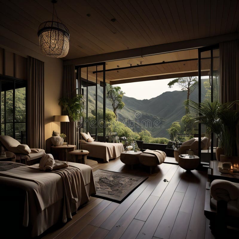 Luxury Hotel Room Interior with Terrace and Mountain View. Generative ...