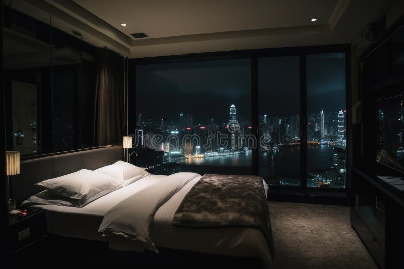Luxury Hotel Room at Night with a Metropolis Behind the Window Created ...