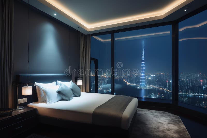 Luxury Hotel Room at Night with a Metropolis Behind the Window Created ...