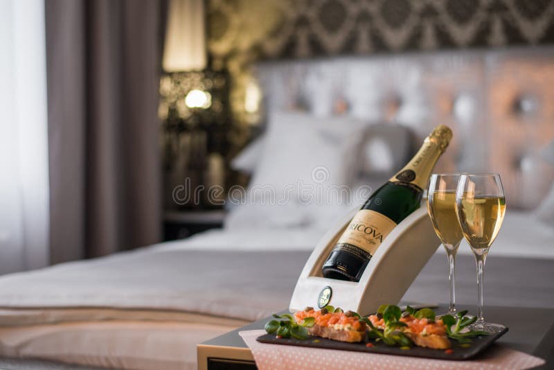 Luxury Hotel Room with a Table with Snacks and Champagne Editorial ...