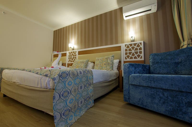 Luxury Hotel Room Wide Angle View Stock Photo - Image of checkout ...