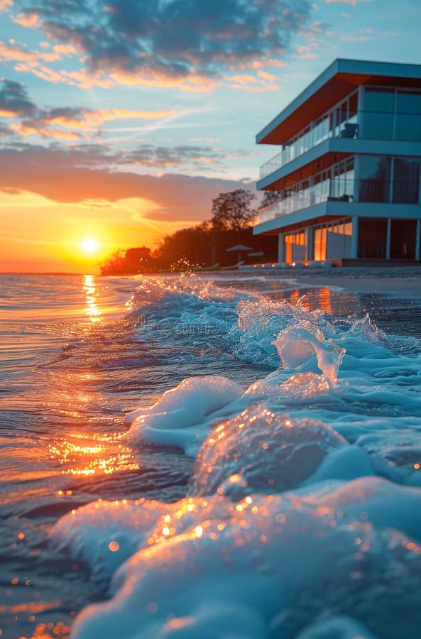 Luxury Hotel by the Sea at Sunset. Modern House on the Beach Stock ...