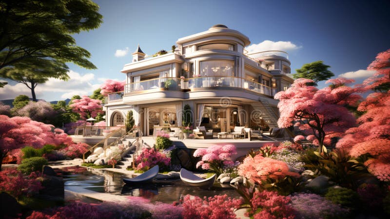 A Luxury House with a Balcony and Infront Flower Garden Stock ...