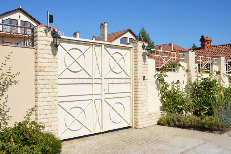 Luxury House Fence with Car Garage Gate Stock Image - Image of street ...