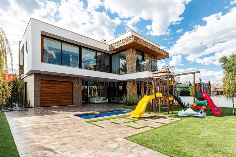 Luxury House with Garage and Playground Stock Illustration ...