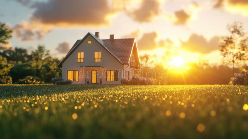 Luxury House on Grass Field at Sunset Real Estate Concept 3D Render ...