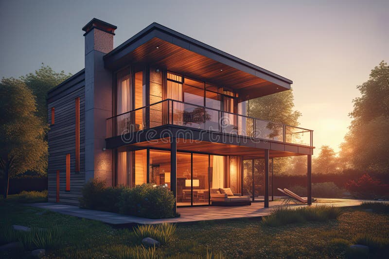 Luxury House with Large Windows in the Sunset. Stock Image - Image of ...