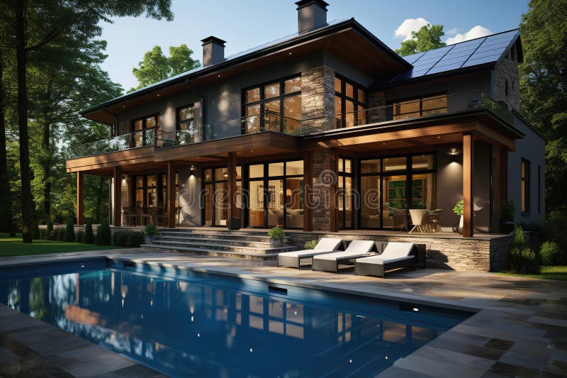 Luxury House with Pool in Forest at Sunset Stock Image - Image of ...