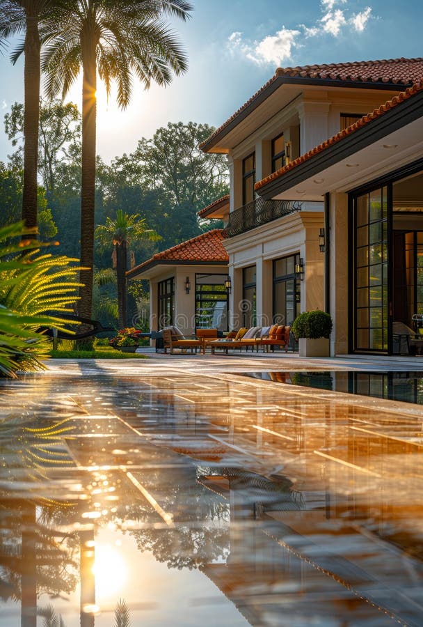 Luxury House with Pool at Sunset Stock Photo - Image of green, villa ...