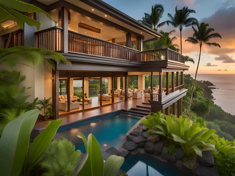 Luxury House with Pool and Tropical Island Stock Illustration ...