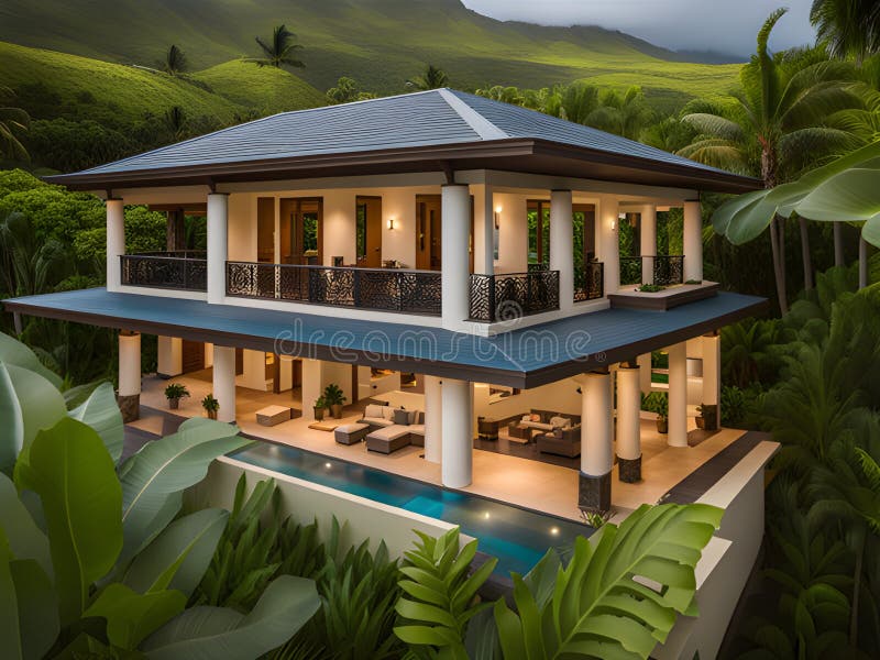 Luxury House with Pool and Tropical Island Stock Illustration ...