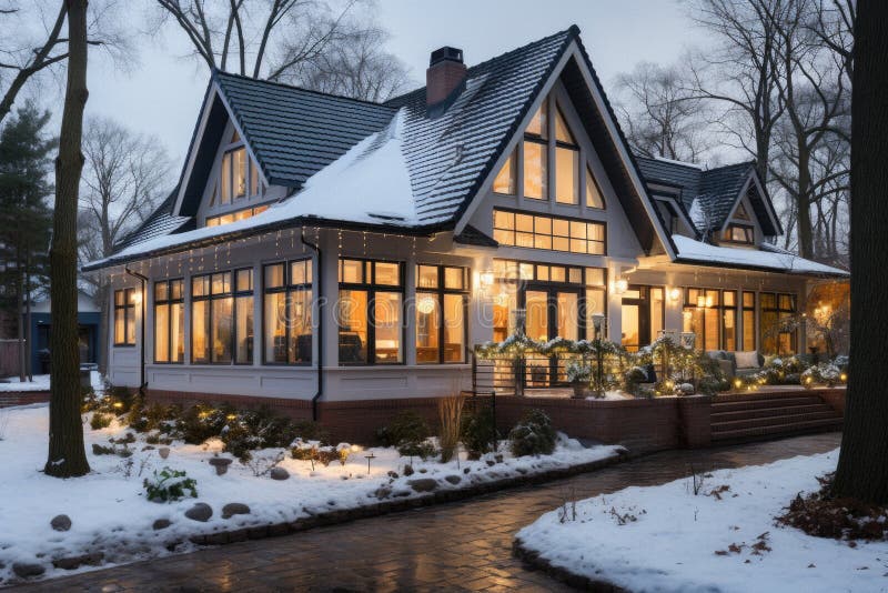 Luxury House in the Winter with Snow on the Ground . Stock Image ...