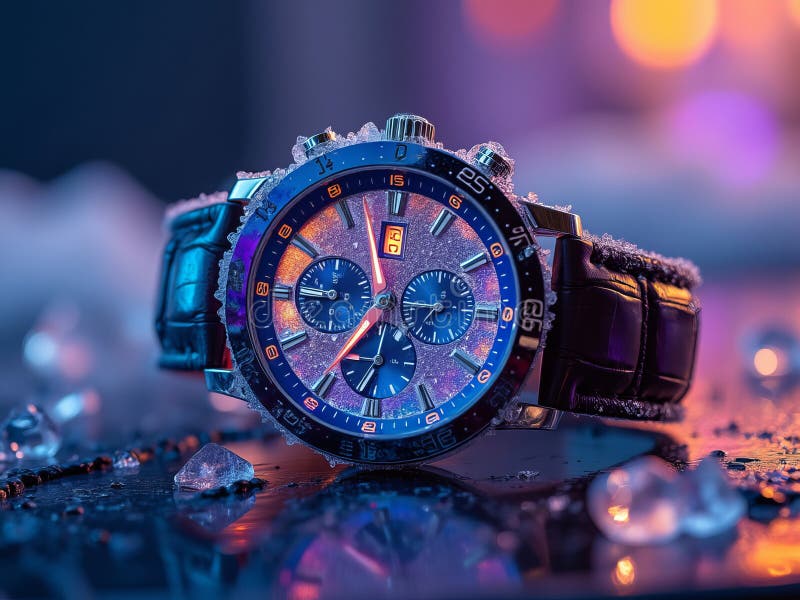 Luxury Ice-encrusted Watch with Blue Dial and Leather Strap in Vibrant ...
