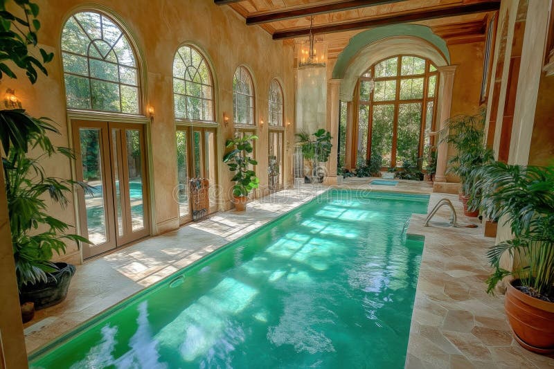 Luxury Indoor Pool Area Surrounded by Plants and Large Windows in a ...