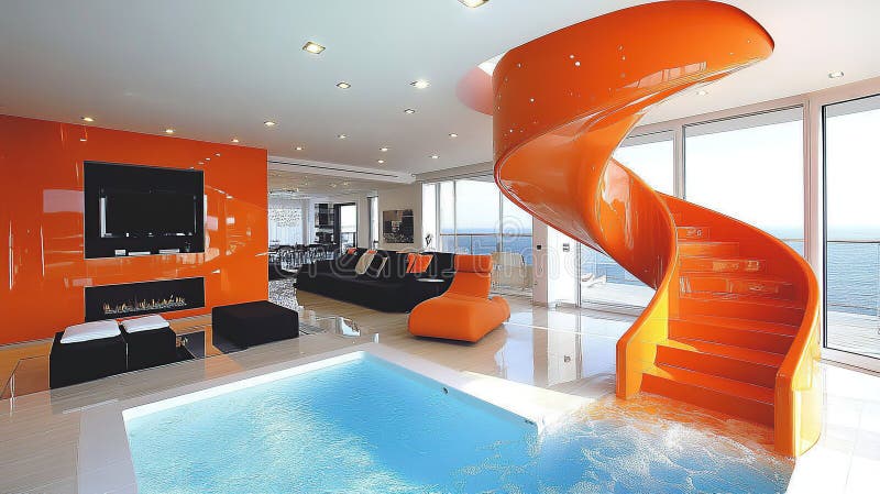 Luxury Indoor Pool with Spiral Slide Stock Illustration - Illustration ...