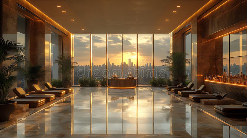Luxury Indoor Pool Sunset City View Relaxation Stock Illustration ...