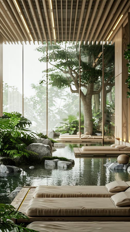 Luxury Indoor Tropical Lounge with Water Features and Greenery Stock ...