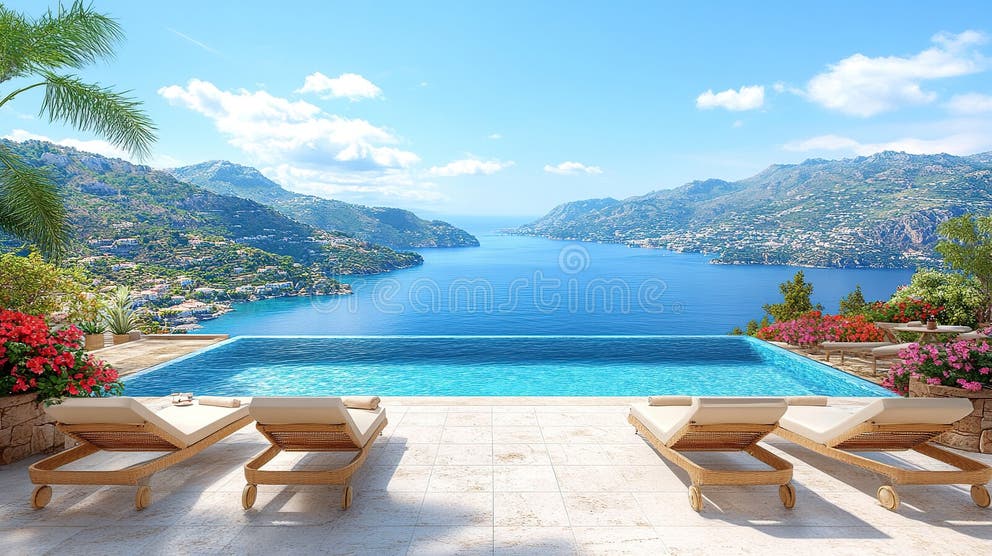 Luxury Infinity Pool, Mediterranean View, Sun Deck, Relaxing Stock ...